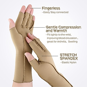 Janmercy 3 Pairs Arthritis Compression Gloves Outside Seams Fingerless Compression Gloves for Women Men Carpal Tunnel Swelling (Nude, Normal)
