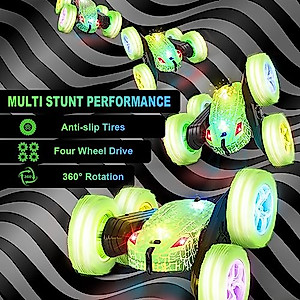 OrrenteRemote RC Cars, Remote Control Car with Wheel Lights and Headlights, Double Sided 360° Rotating RC Car, 4WD RC Truck for 6 Year Old Boy Gifts 2.4Ghz Stunt Kids Toy Car for Boys Girls (Green)