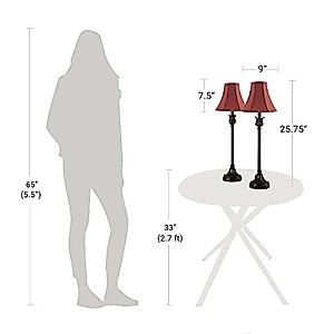 Catalina Lighting 25.75" Brenda Bronze Set of 2 Buffet Table Lamps with Burgundy Fabric Bell Shades, Bronze