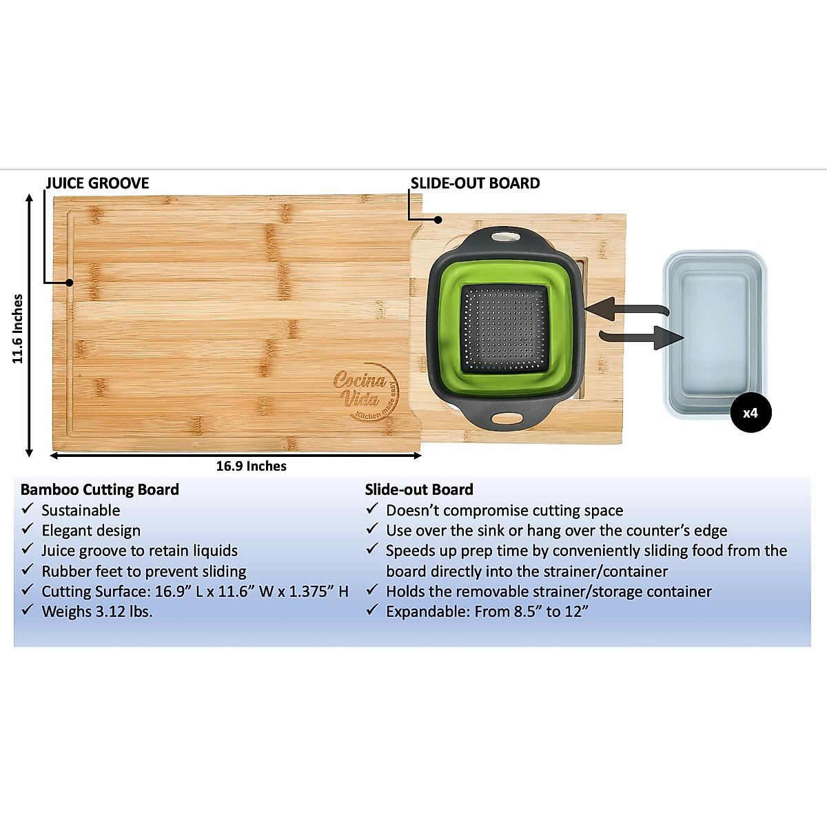 Cocina Vida Bamboo Cutting Board with 4 Collapsible Containers and Strainer - All-in-One Over the Sink or Counter Slide-out Bamboo Cutting Board - Kitchen Must Have