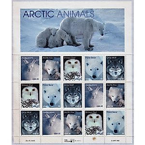 USPS Arctic Animals (Arctic Hare, Arctic Fox, Snowy Owl, Polar Bear, and Gray Wolf) (Sheet of 15) 33 Cent Postage Stamps 1999 Scott #3288-3292