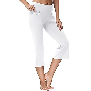 Cakulo Women's Plus Size Capris Pants Yoga Flare High Waist Bootcut Stretch Jean Casual Palazzo Cream Bottoms Knee Flared Leggings with Pockets White XL