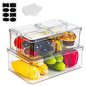 Refridge Organizer Bins, 5 Pack Pantry Organization and storage With Lids, Clear Plastic Storage Bins With Removable label *1 And Refrigerator Liners Mats *4 For Soda, Fruits, Vegetable, Food, Drinks