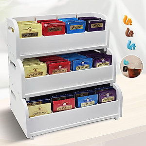 Tea Bag Storage Organizer Box - Bamboo Tea bags Holder 3-Tier Stackable Wall Mount Large Capacity Tea Caddy Containers for Pantry Countertop Kitchen Counter Cabinet Office (White)