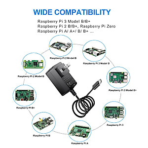 Raspberry Pi Power Supply, SoulBay 5V 3A Micro USB AC Adapter with 6Feet Long Cord for Raspberry Pi 3 2 Model B/B+ Pi A/A+ Zero, Android Tablet, Compatible with DC5V 2.5A 2A