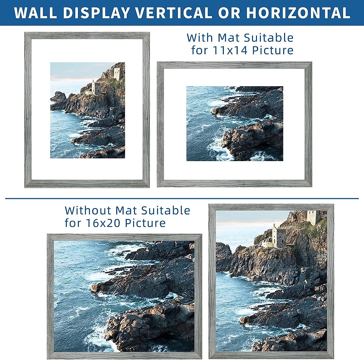 Hongkee 16x20 Frames Set of 2, Rustic Grey Wood Style - Display 16 x 20 Picture without Mat or 11x14 Picture with Mat, Wall Mounting Horizontal and Vertical