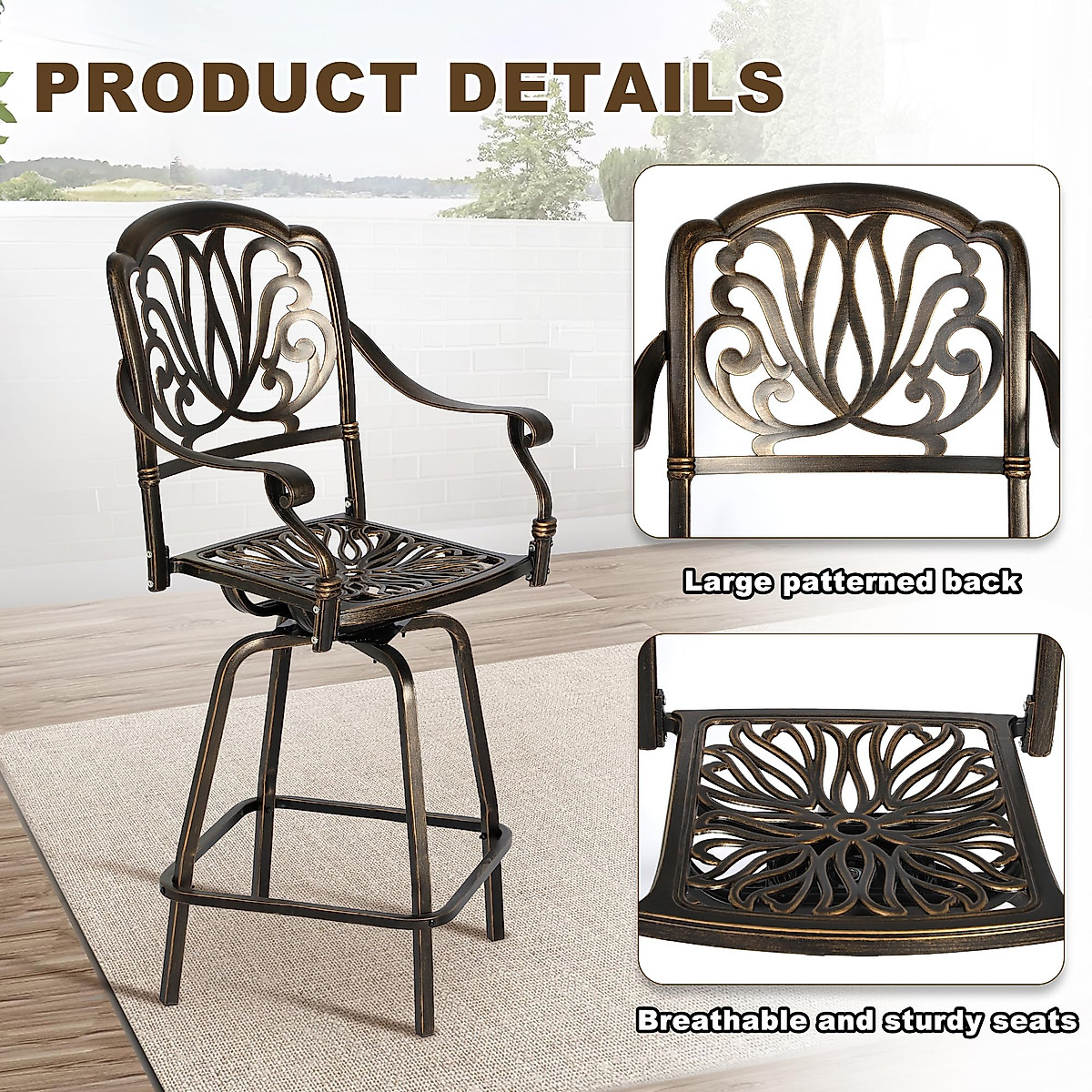 Grepatio Outdoor Cast Aluminum Swivel Bar Stools Set of 2, Patio Height Bartools Chairs, 2 Piece Patio High Dining Bistro Chairs for Garden Backyard with Cushion (Khaki)