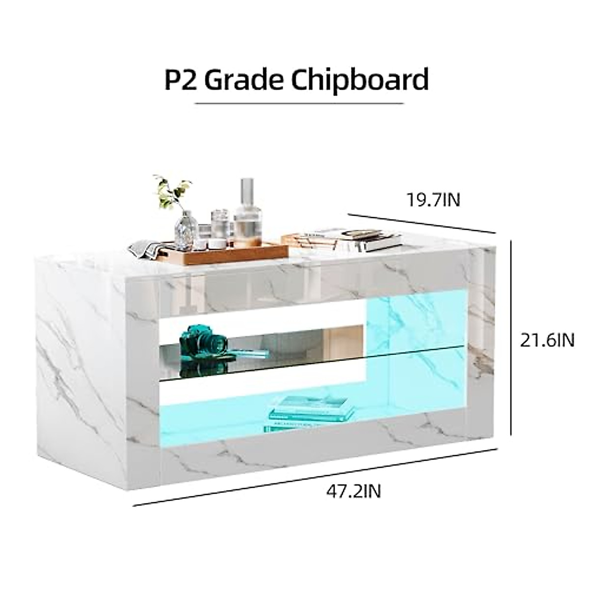 Coffee Tables for Living Room, Modern High Gloss Marble Print Center Table with Glass Open Storage and LED Lights - Stylish Home Decor for Coffee and More, White with Gloss
