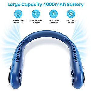 LEXSO Portable USB Neck Fan, Hanging Personal Fan Bladeless Neck Cooler, 4000 mAh Battery Operated Wearable Rechargeable USB Fan,Quiet Wearable Headphone Neck Air Conditioner 3 Speeds-Blue