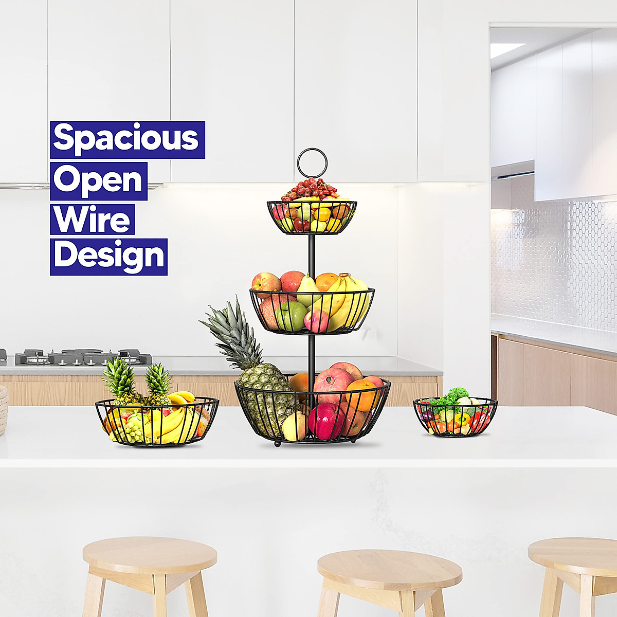 Riccle Fruit Basket For Kitchen Counter - 3 Tier Fruit Basket - Triple Layer Metal Wire Fruit Bowl For Kitchen Counter top - Three Tiered Fruit Holder For Kitchen, Produce, Vegetables