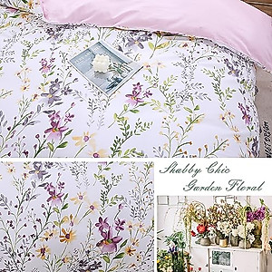 URBONUR Floral Duvet Cover Set King Size 3-Pieces Egyptian Cotton Percale Sateen Bedding Set Garden Shabby Flowers Comforter Cover, Soft Breathable Durable Duvet Covers with Button Closure