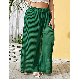 KOJOOIN Women Plus Size Pleated Wide Leg Palazzo Pants Elastic High Waist Loose Fit Chiffon Summer Casual Pants Green 2XL