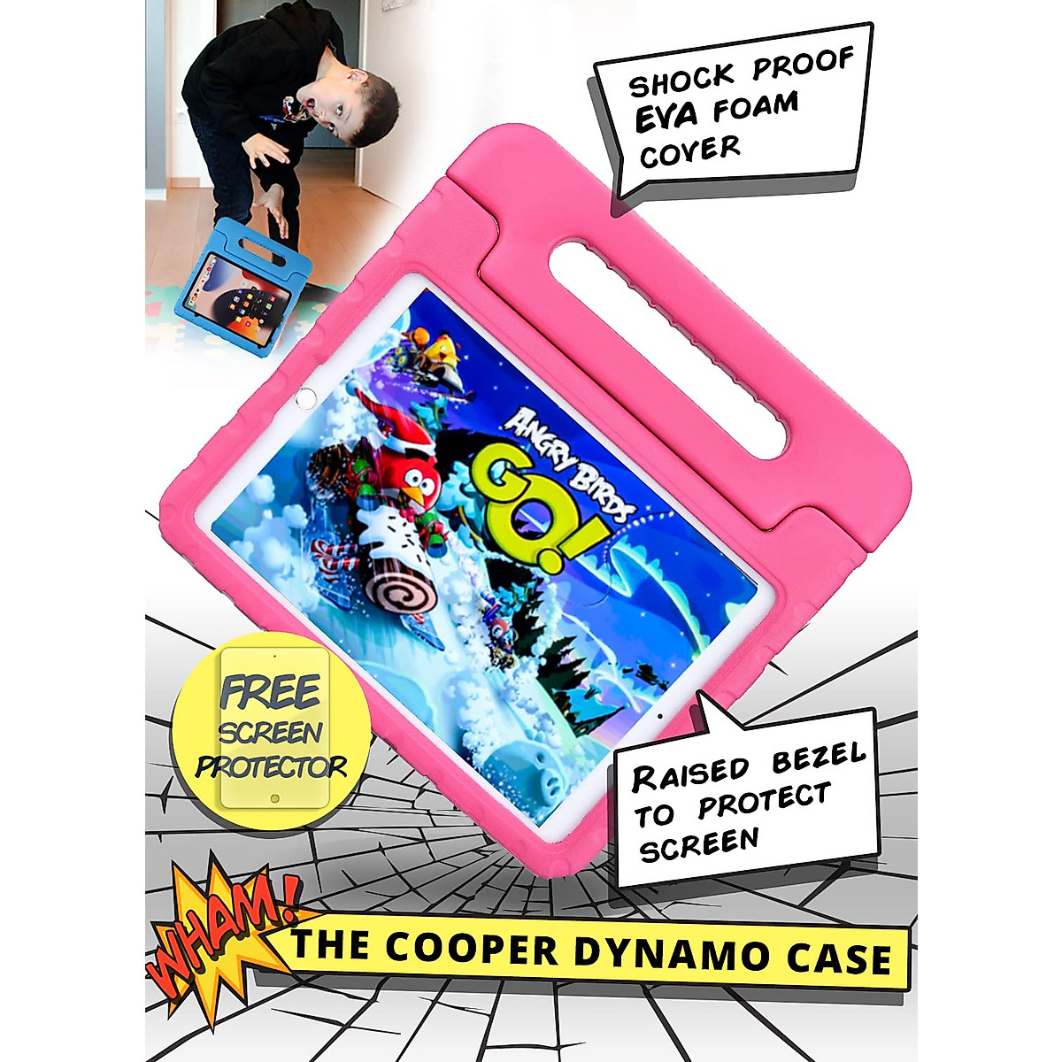 Official Cooper Dynamo Kids iPad Case 9th Generation | iPad 9th Generation Case Kids, iPad 8th/7th/10.2 inch Case for Kids, Lightweight with Screen Protector, Handle, Pencil Holder (Bubble Gum Pink)