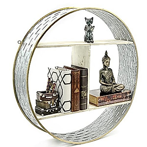 Bellaa 23899 Modern 3 Tier Floating Shelves Circle Decorative Display Rack Farmhouse Cottage Wall Mounted Living Room Bedroom Bathroom Kitchen Office Farmhouse Storage Frame Metal Wood 24 Inch