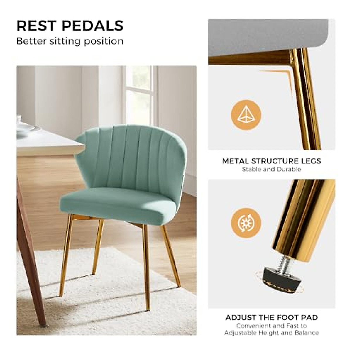 HULALA HOME Velvet Dining Chairs, Modern Small Armless Accent Chair with Gold Metal Legs, Living Room Upholstered Cute Side Chair, Elegant Tufted Back Vanity Chair for Bedroom/Beauty Room-SAGE