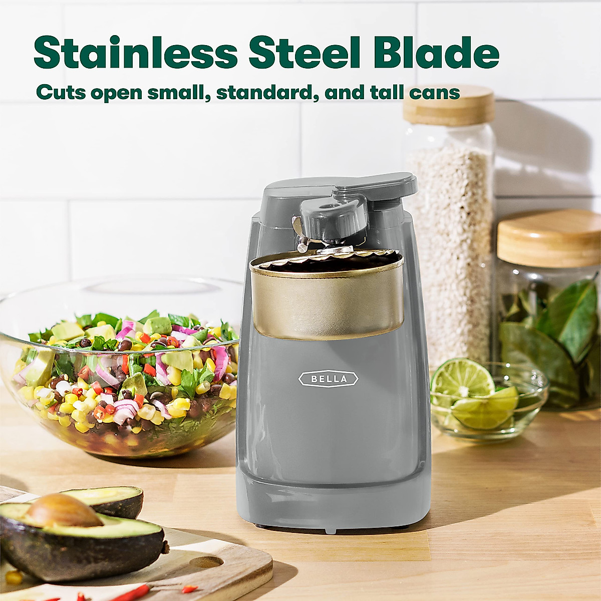 BELLA Electric Can Opener and Knife Sharpener, Multifunctional Jar and Bottle Opener with Removable Cutting Lever and Cord Storage, Stainless Steel Blade, Gray