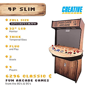 Creative Arcades Full-Size Commercial Grade Cabinet Arcade Machines | Stools Included | Slim Woodgrain Edition | 32" Screen (6296 Games (4-Player), Light Pine Man Cave)