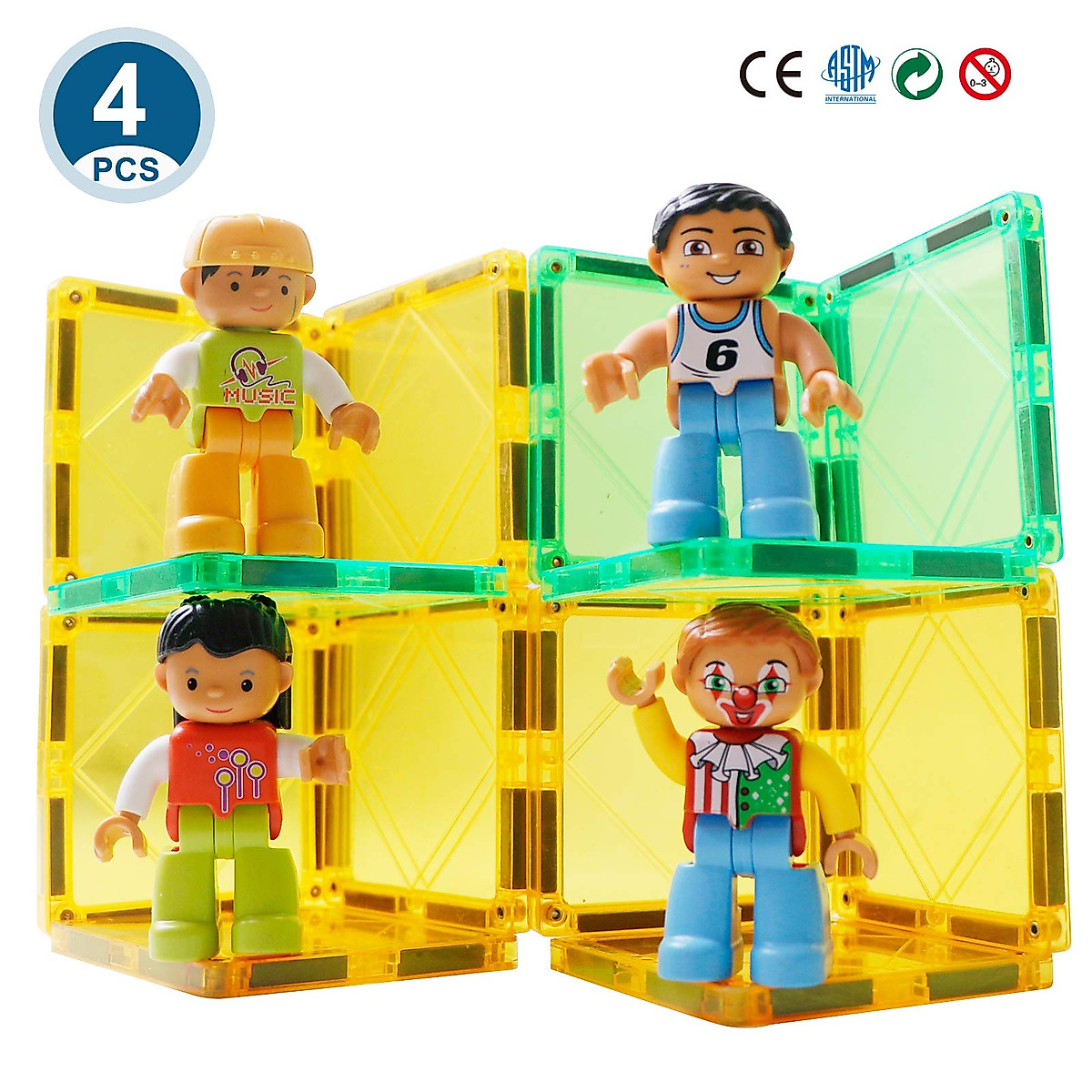 ZNZ Magnetic People Figures for Kids 4 Pieces Toys Compatible with Magnetic Tiles Magnet Blocks for Boys and Girls Gifts