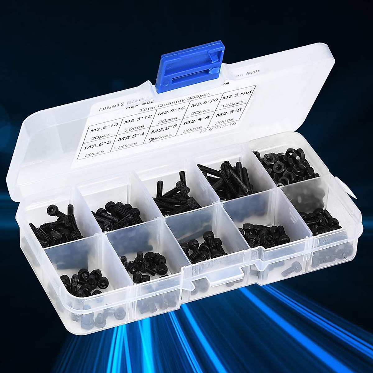 M2.5 x 3-20mm Alloy Steel Socket Head Screws, Black Screw Bolt with Nut, 300Pcs Socket Head Cap Screw Fastener for Professionals Amateurs