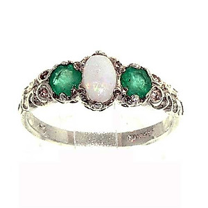 LetsBuyGold 925 Sterling Silver Real Genuine Opal and Emerald Womens Trilogy Engagement Ring - Size 6