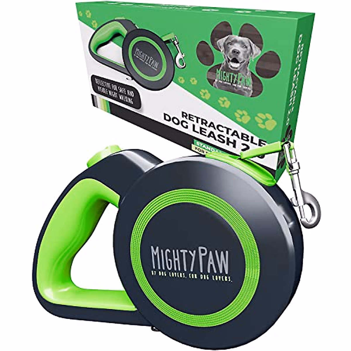 Mighty Paw Retractable Dog Leash 2.0 | 16’ Heavy Duty Reflective Nylon Tape Lead for Pets Up to 50 LBS. Tangle Free Design W/One Touch Quick-Lock Braking System & Anti-Slip Handle. (Green/Lite)