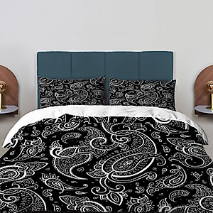 BaoNews Black Paisley Floral Duvet Cover Set Full Size,3 Pieces Bandana Silk Neck Scarf Kerchief Bedding Set Hotel Quality PolyesterComforter Cover Set with 2 Pillowcases(No Filler)