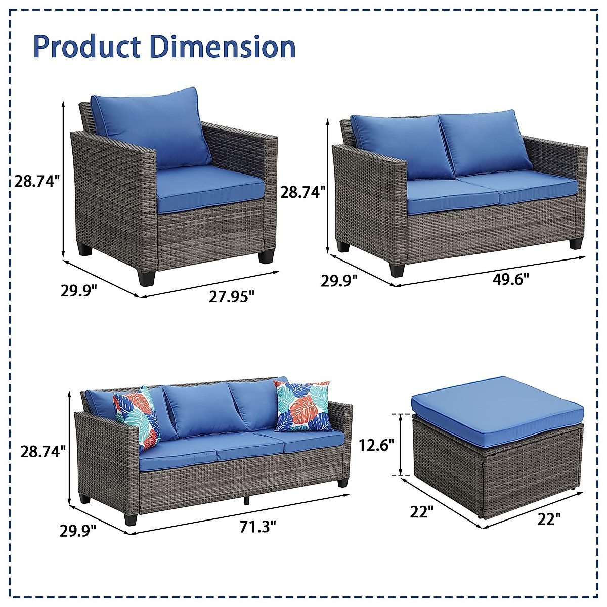 Wonlink Patio Furniture Set, All Weather Sectional Outdoor Furniture Conversation Sets, PE Rattan Wicker Sofa Set (Navy Blue, 6 Pieces)