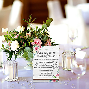 Tatuo Put a Ring on It Bridal Shower Game with 100 Pcs Fake Rings Metal Engagement Rings Rustic Greenery Theme Not Say Bride Rules Wooden Sign Bridal Shower Gifts for Guests(Silver)