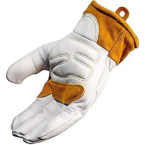 Caiman Premium Goat Grain TIG/MIG Welding Gloves with Wool Insulated Back, Scalloped Cuff, Boarhide Palm, Unlined, Reinforced Thumb, Kevlar, Kontour Design, White/Gold, Medium (1871-4)