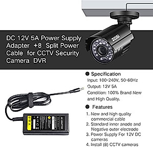 DC 12V 5A Power Supply Adapter with 8 Splitter Power Cable for Security Camera CCTV DVR Surveillance System