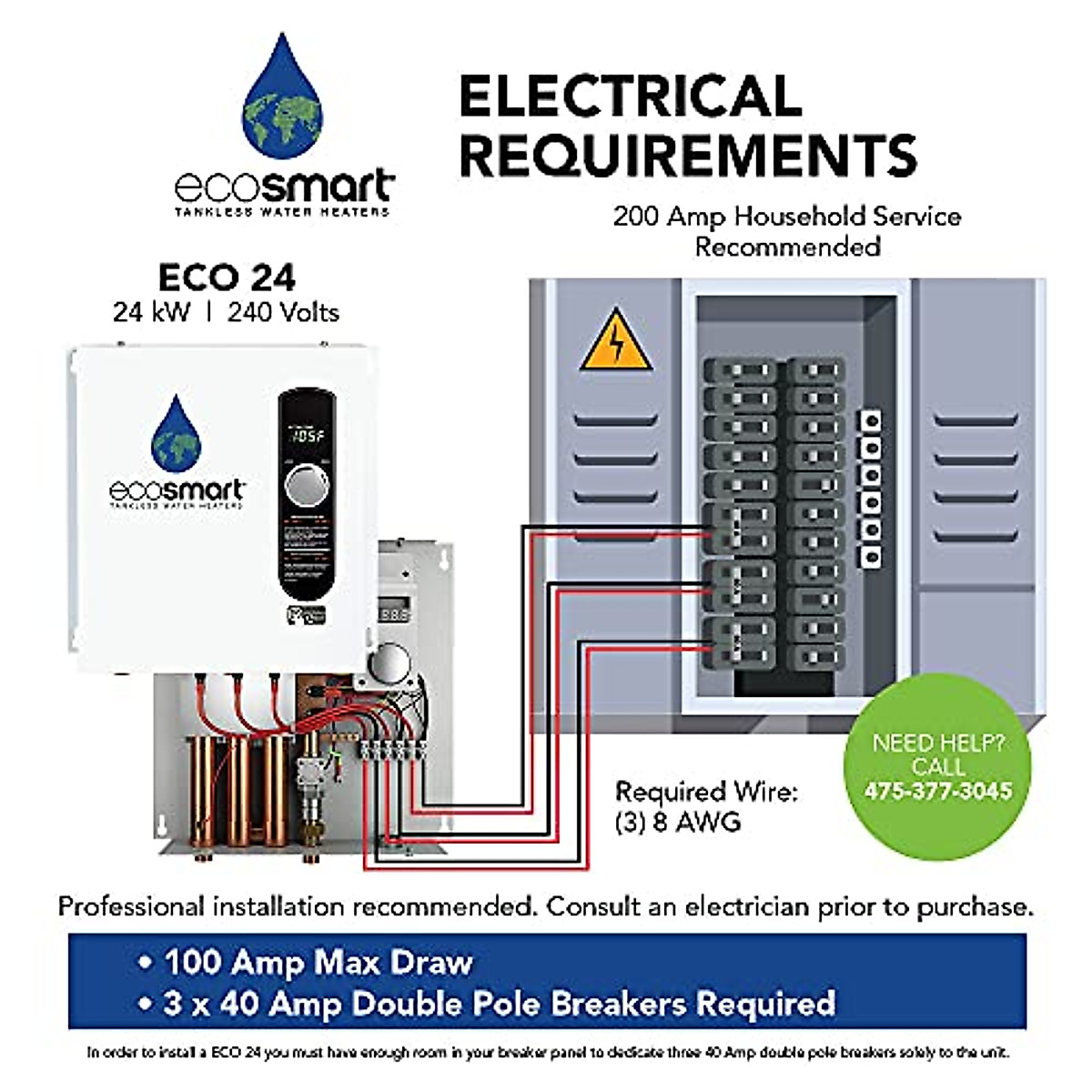 Ecosmart ECO 24 24 KW at 240-Volt Electric Tankless Water Heater with Patented Self Modulating Technology, 17 x 17 x 3.5