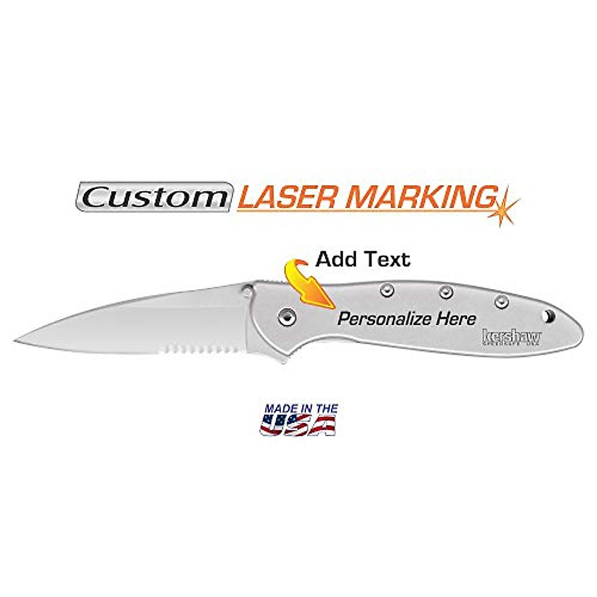 Kershaw Custom Laser Engraved Leek Knife 1660ST Silver Handle with Silver Serrated Blade Edge