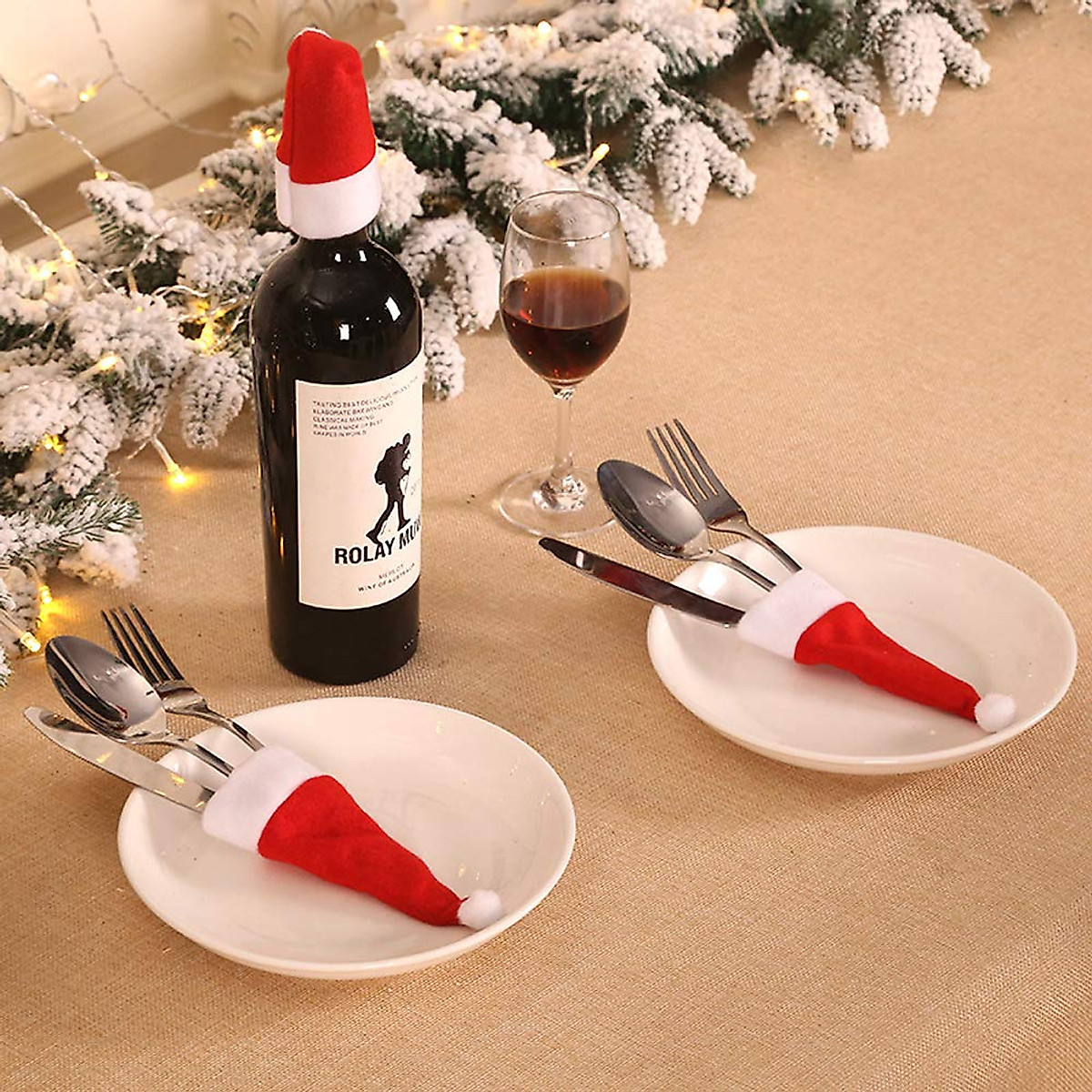 Christmas Santa Hats Silverware Holders - Xmas Party Dinner Table Dinnerware Decorations Supplies,for Candy, Red Wine Bottle, Lollipop, Knife Fork, 10PCS Mini Santa Hats