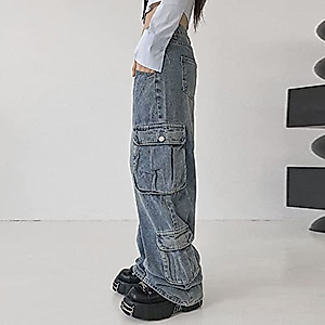 Jeans for Women Y2k Low Waist Wide Leg Denim Jeans Loose Baggy Cargo Jeans Vintage E-Girl Streetwear (Blue2, M)