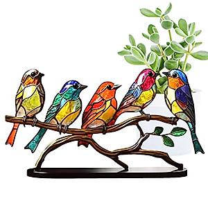VNRGG Stained Birds On Branch Desktop Ornaments Double Sided Metal Flatness Table Art Home Room Decoration Suitable for Office Wine Cooler Decor(5 Birds on a Branch)