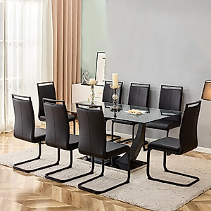 Glass Dining Table Set for 6, 6-Piece Modern Kitchen Table and Chairs Set with Tempered Glass Table and 6 Pcs PU Leather Chairs, Large Dining Room Table Set for Kitchen Dining Room (67" Black Table)