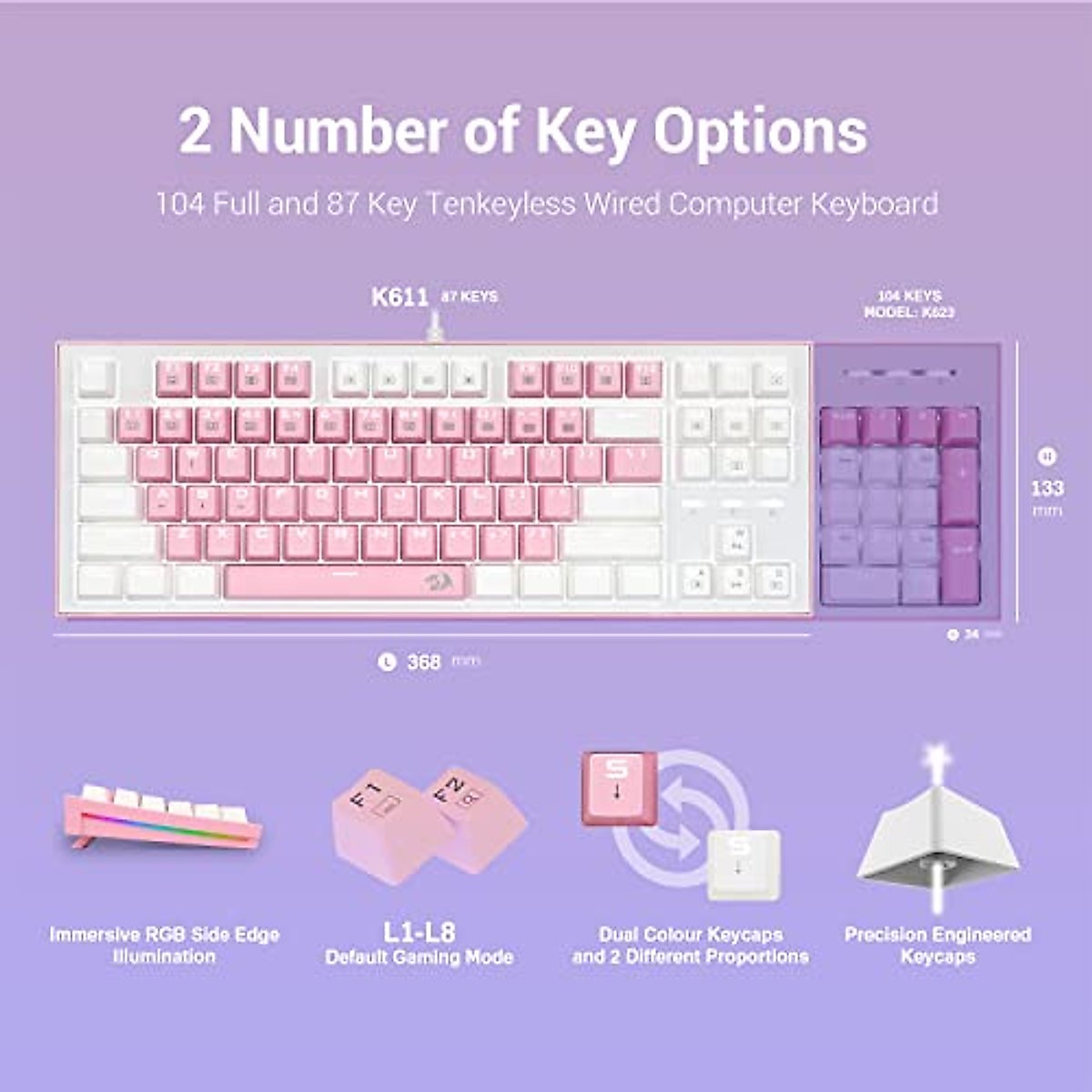 Redragon K611 Dual Color Keys Mechanical Gaming Keyboard Single White LED + RGB Side Edge Backlit 87 Key Tenkeyless Wired Computer Keyboard with Blue Switches for Windows PC (Pink + White)