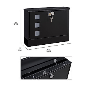 LAND·VOI Locking Mailbox Wall Mounted, Metal Postbox with Three Sets of Mail Box Number Stickers, 4 Keys, 14.4" x 4.5" x 11.2", Large Capacity, Black, AMB11B
