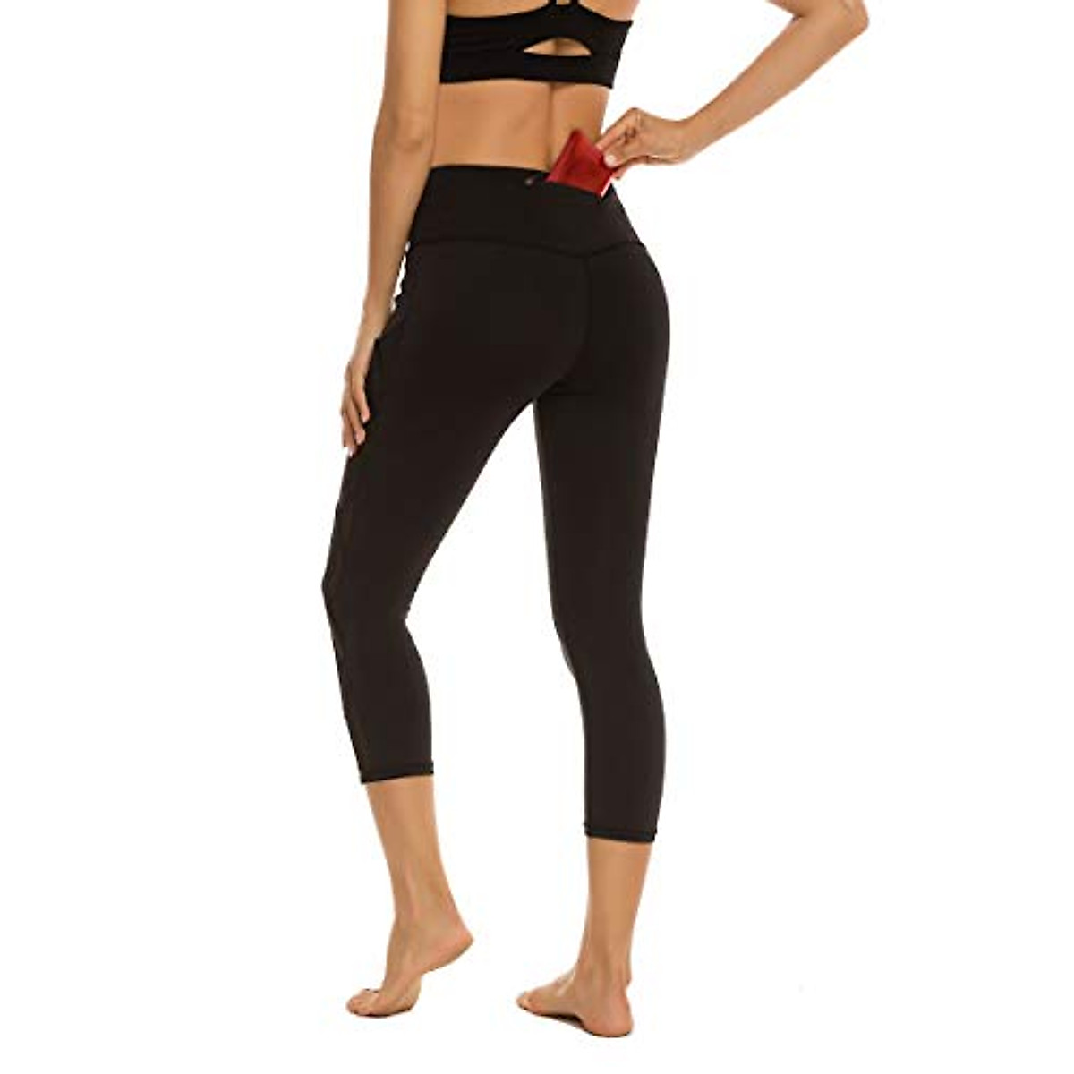romansong High Waisted Workout Compression Capri Leggings for Women Petite Skinny Mesh Gym Legings with Pockets(Black,Small)