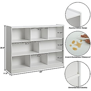 3-Tier Bookshelf, 8-Section Wooden Bookcase, Storage Organizer with Anti-Tilt Device, Modern Storage Display Cabinet for Living Room, Classroom, Kid’s Room (White)