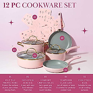 Paris Hilton Epic Nonstick Pots and Pans Set, Multi-layer Nonstick Coating, Tempered Glass Lids, Soft Touch, Stay Cool Handles, Made without PFOA, Dishwasher Safe Cookware Set, 12-Piece, Pink