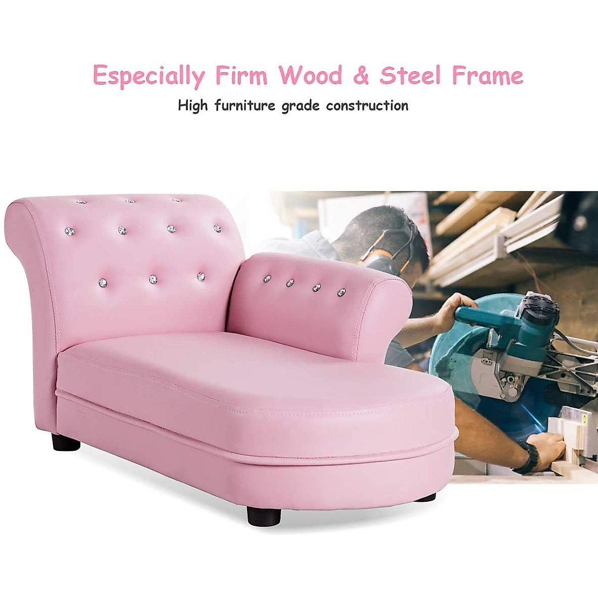 HOMGX Pink Kids Sofa, Princess Armrest Chair Couch with Ottoman & Embedded Crystal, Kids PVC Leather Sofa for Toddler Girls Bedroom