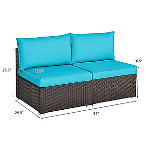 DORTALA 2 Piece Wicker Sectional Armless Chairs, Outdoor Rattan Sectional Sofa Set w/Cushions for Seat and Back, Additional Seats for Garden Balcony Patio Poolside, Turquoise