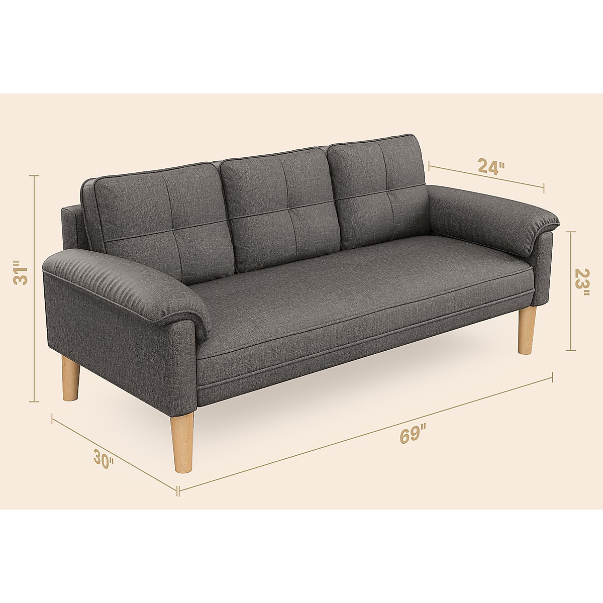 Ahomly 3-Seater Couch, 69 Inch with Extra Deep Seat, Padded Armrests, Solid Wood Legs for Living Room, Dark Gray