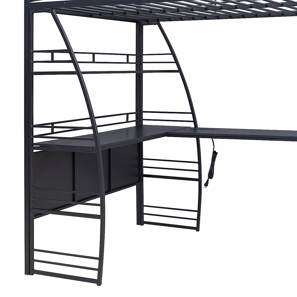 Full Size Metal Loft Bed with Desk and Bookcase, Modern Style Heavy-Duty Steel Frame Bunk Bed with Sockets, USB Ports and Wireless Charging (Full, Black)