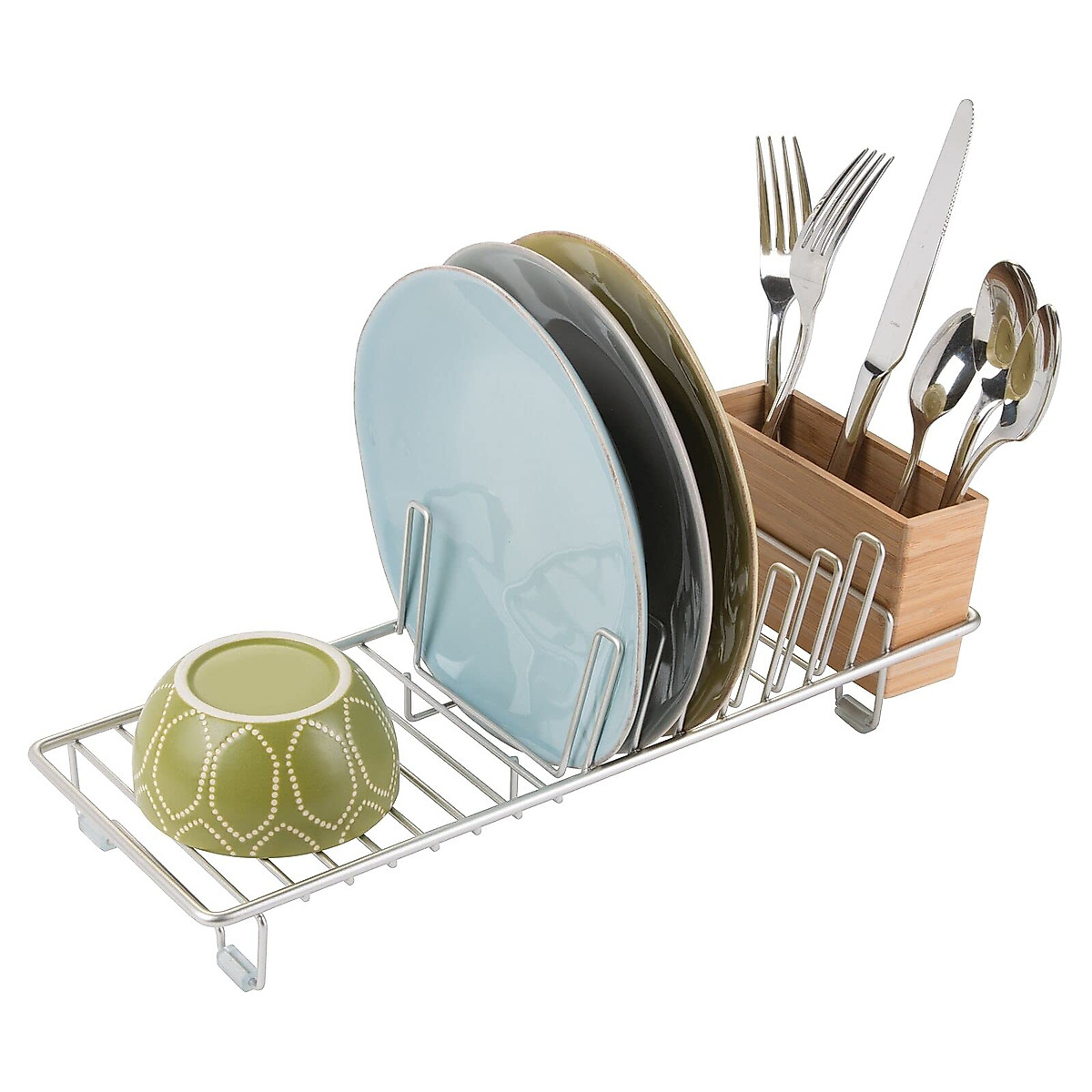 mDesign Compact Modern Kitchen Countertop, Sink Dish Drying Rack, Removable Cutlery Tray - Drain and Dry Wine Glasses, Bowls and Dishes - Metal Wire Drainer in Satin with Natural Bamboo Caddy