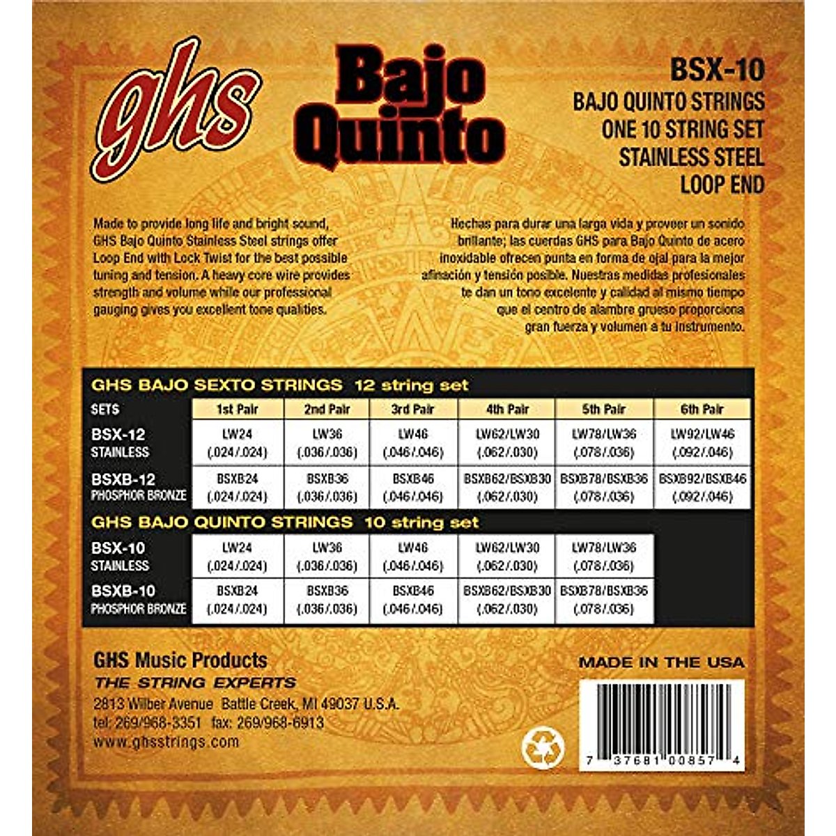 GHS Strings GHS Stainless Steel Bajo Quinto Strings-Loop End (BSX-10)