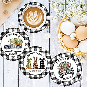 Whaline Easter Coaster 4Pcs Easter Farmhouse Drink Coaster White Black Buffalo Plaids Bunny Rabbit Truck Ceramic Coaster Cup Mat for Mugs Cups Home Kitchen Party Supplies, 4.1 x 0.3 Inch