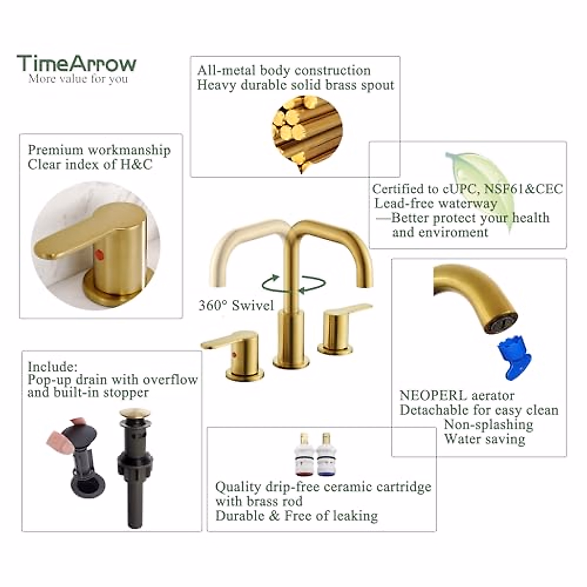 TimeArrow Brushed Gold 2 Handle 8 Inch Widespread Bathroom Sink Faucet with Pop-Up Drain, High Arc Modern Bathroom Vanity Lavatory Faucet 3 Holes with Brass 360° Swivel Spout, TAF830E-PB
