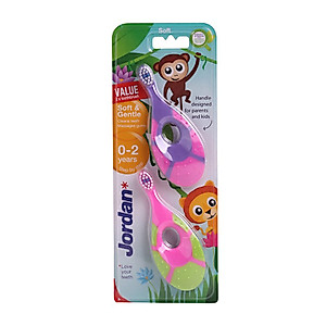 Jordan Step 1 Baby Toothbrush for Age 0-2 Years Old Toddler Toothbrush with Extra Soft Bristles & Soft Biting Ring for Babies Gums and Easy Grip (Pack 2 Units)